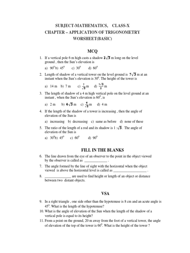 Ws-Applications of Trigo Worksheet | PDF | Shadow