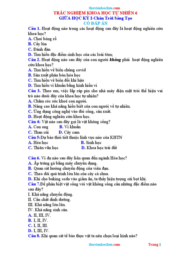 50 Cau Trac Nghiem KHTN 6 CTST Giua HK1 Co Dap An | PDF