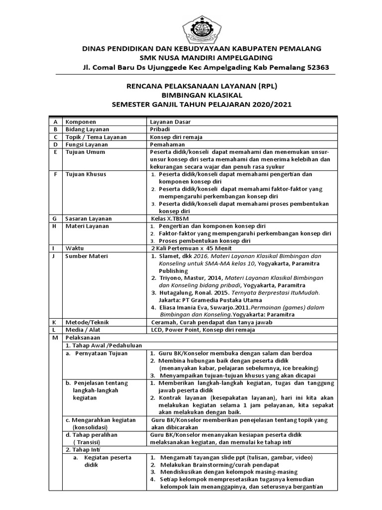 RPL KONSEP DIRI REMAJA (Ganjil) | PDF