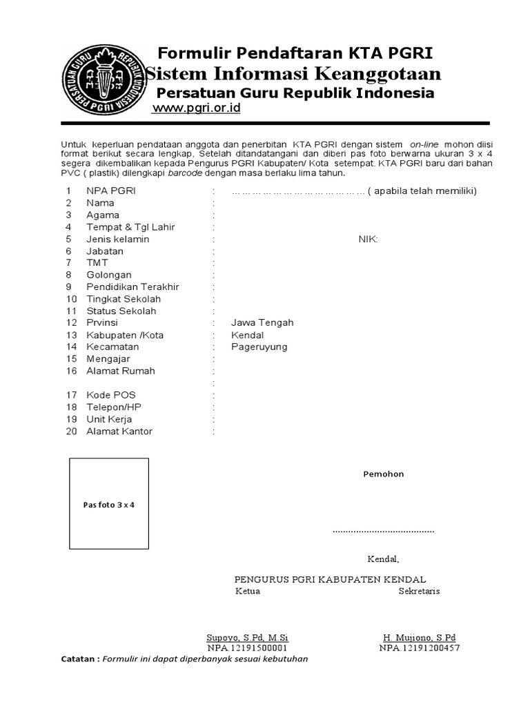 Formulir Pendaftaran Kta Pgri | PDF