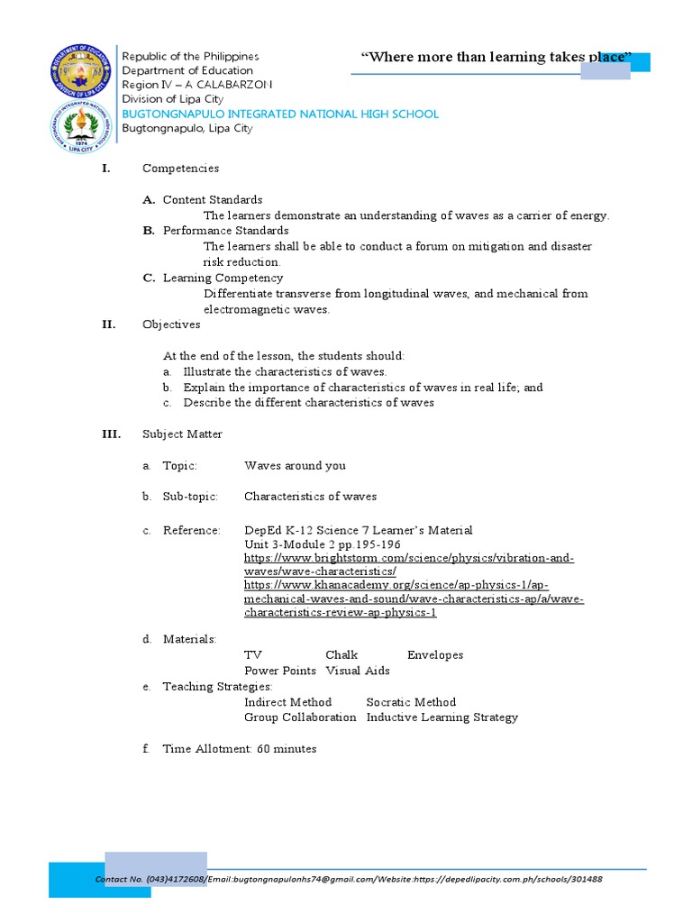 Lesson Plan 8 Characteristics of Waves | PDF | Waves | Learning