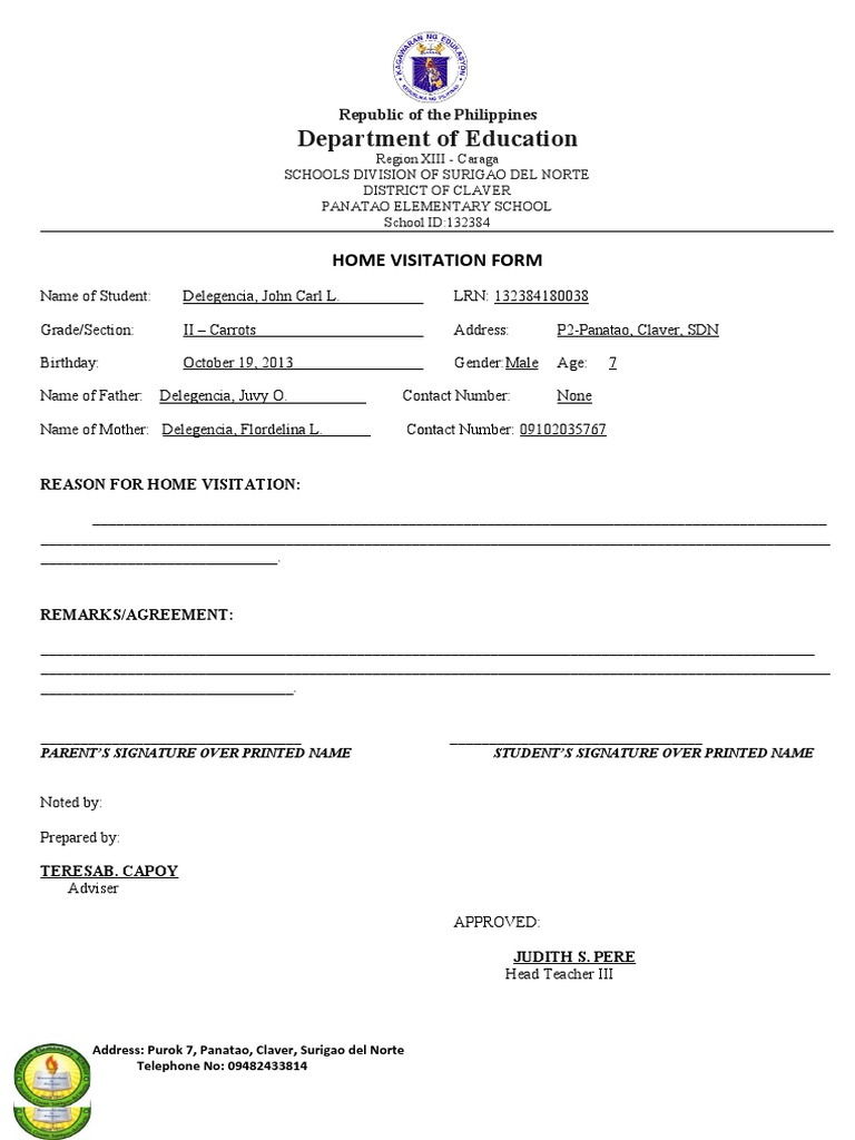 Department of Education: Home Visitation Form | PDF