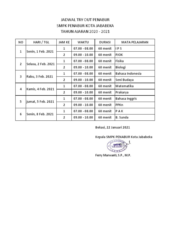 Jadwal To Penabur S | PDF