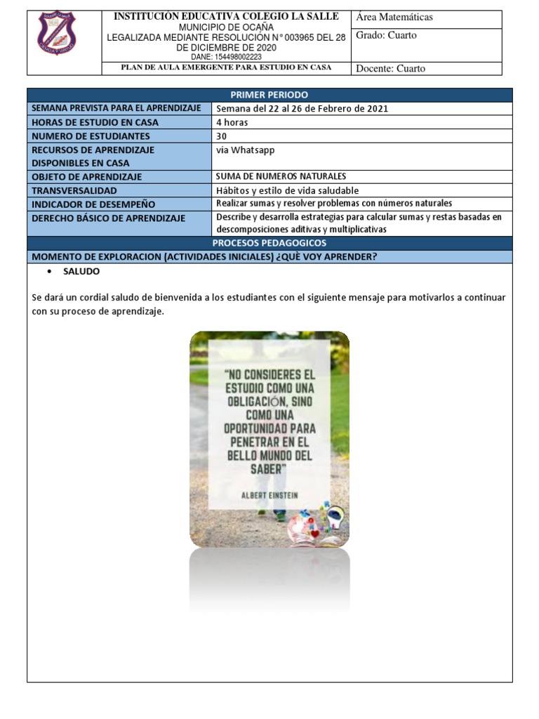 Plan Emergente Grado Cuarto | PDF | Aprendizaje