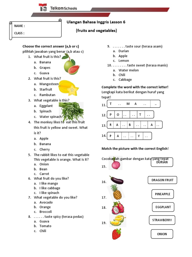 Soal Bahasa Inggris: Buah dan Sayuran Kelas 1 | PDF | Fruit | Vegetables