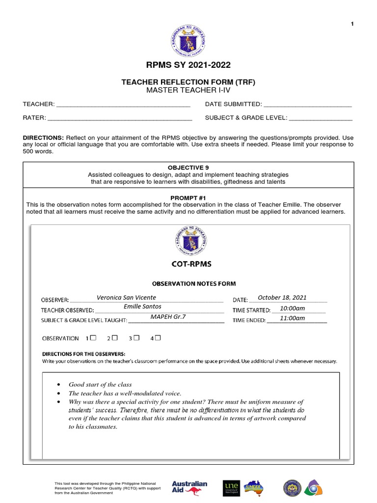 Teacher Reflection Form for RPMS 2021-2022 | PDF | Lesson Plan ...