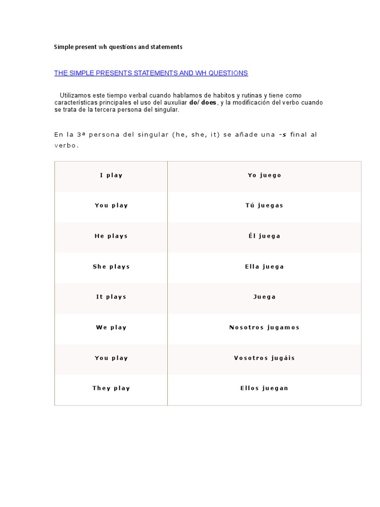 Simple Present WH Questions and Statements | PDF | Question | Verb