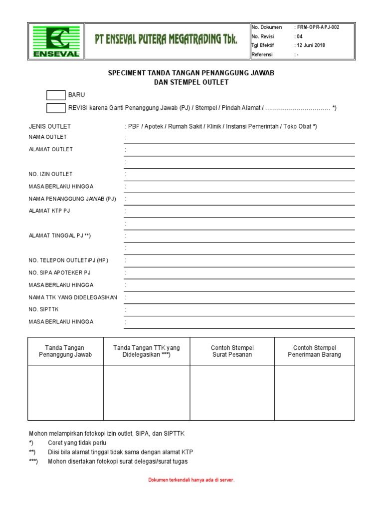 FRM-OPR-APJ-002 Form Speciment Tandatangan APJ & Stempel Outlet R4 | PDF