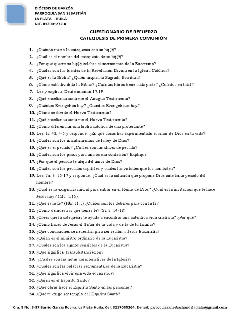CUESTIONARIO DE REFUERZO PRIMERA COMUNIÓN - Oct de 2021 | PDF ...