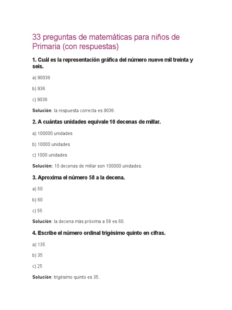 33 Preguntas de Matemáticas para Niños de Primaria | PDF | División ...