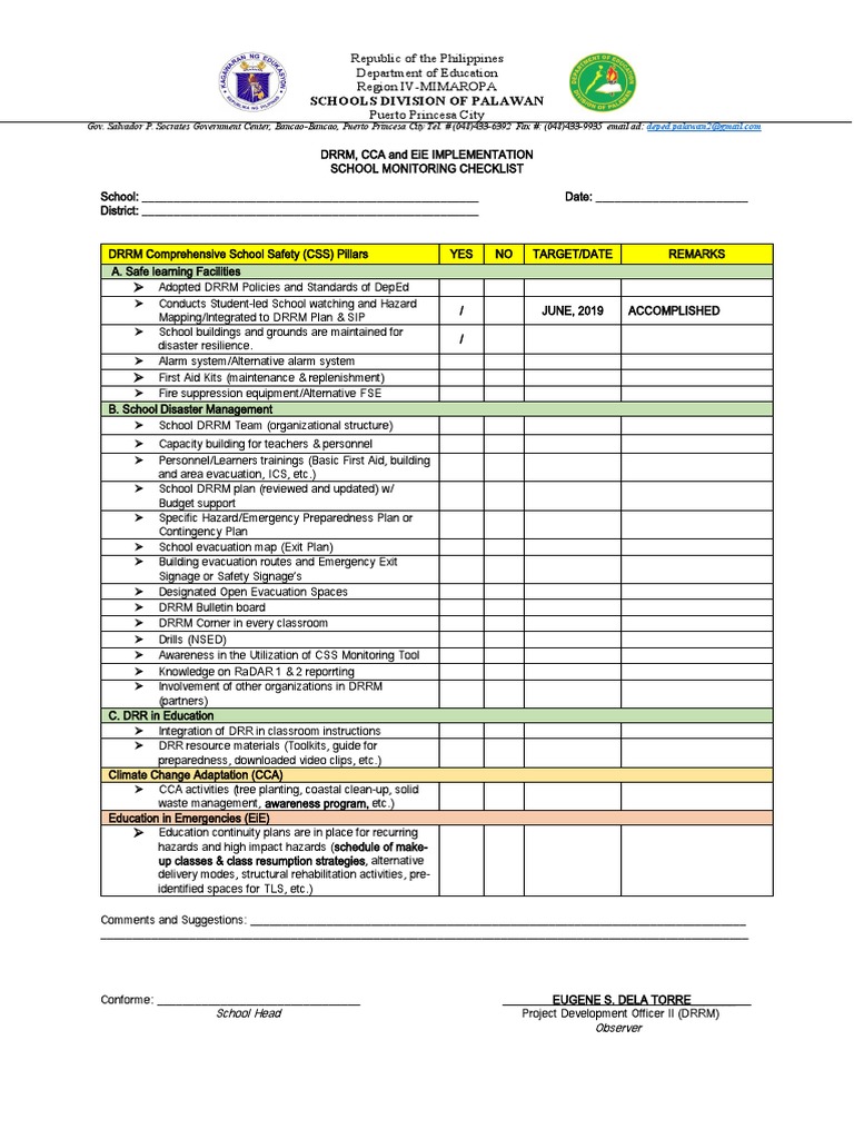 1 - School DRRM Monitoring Checklist | PDF | Emergency Evacuation ...