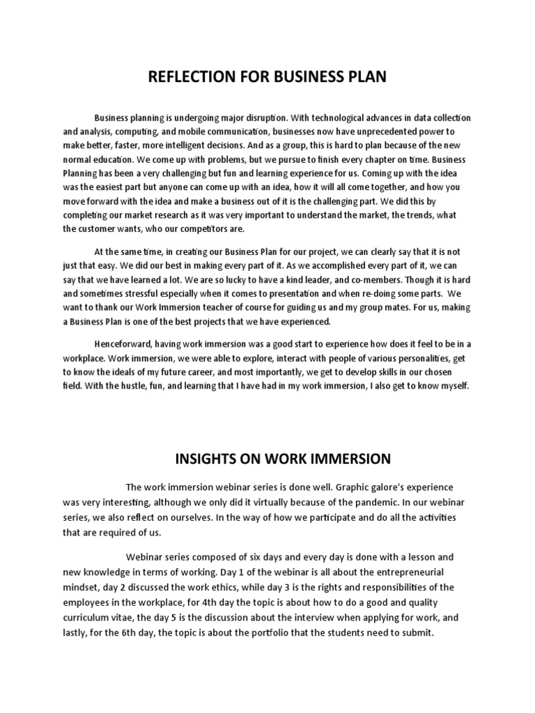 Reflection For Business Plan: Insights On Work Immersion | PDF ...