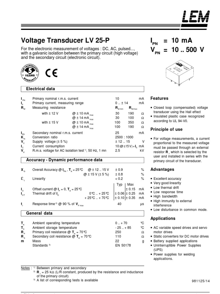 Voltage Transducer LV 25-P I 10 Ma V 10 .. 500 V | PDF | Voltage | Power Supply