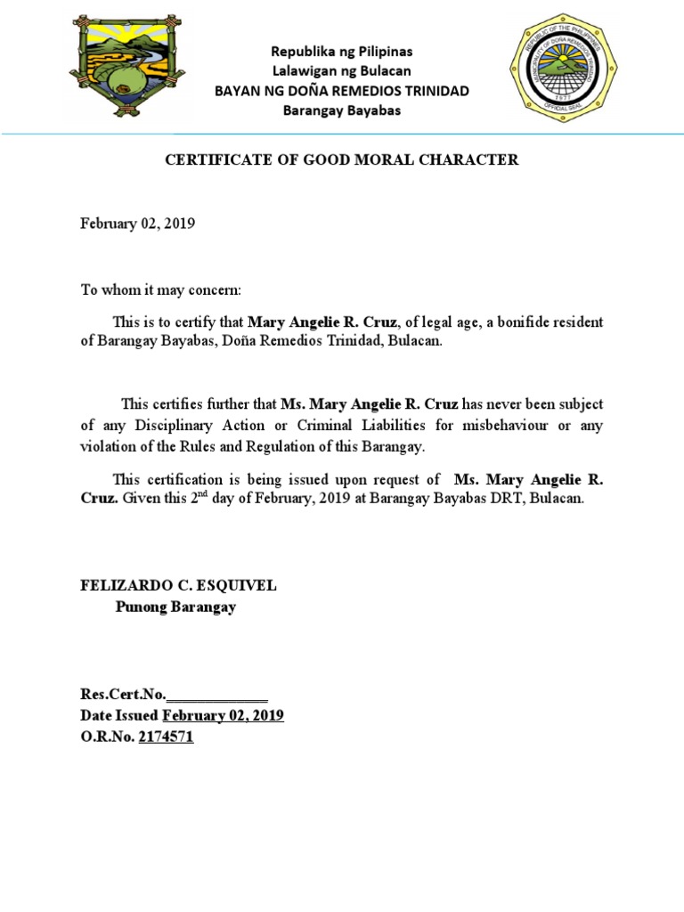 Certificate of Good Moral Character | PDF