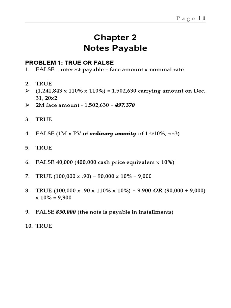 Notes Payable Problem 1 True Or False Pdf Discounting Present Value