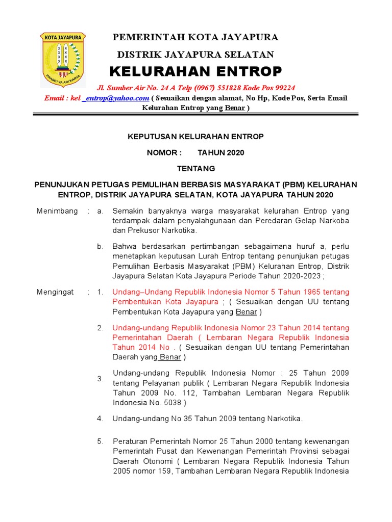 Penunjukan Petugas PBM Kelurahan Entrop | PDF