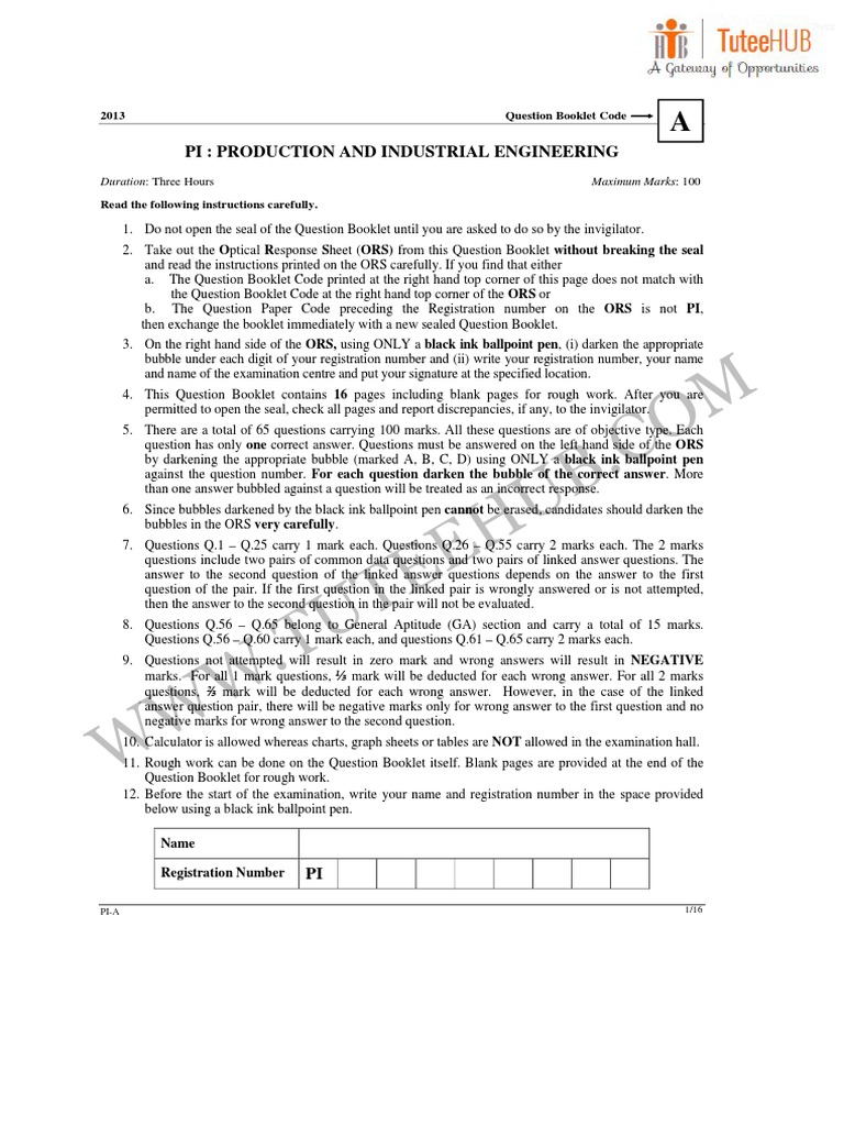 Pi: Production and Industrial Engineering: Question Booklet Code | PDF | Welding | Construction