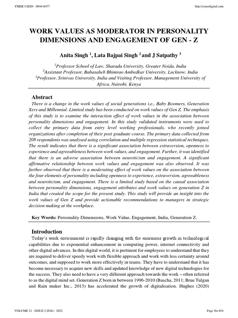 Work Values As Moderator in Personality Dimensions and Engagement of Gen - Z | Download Free PDF ...