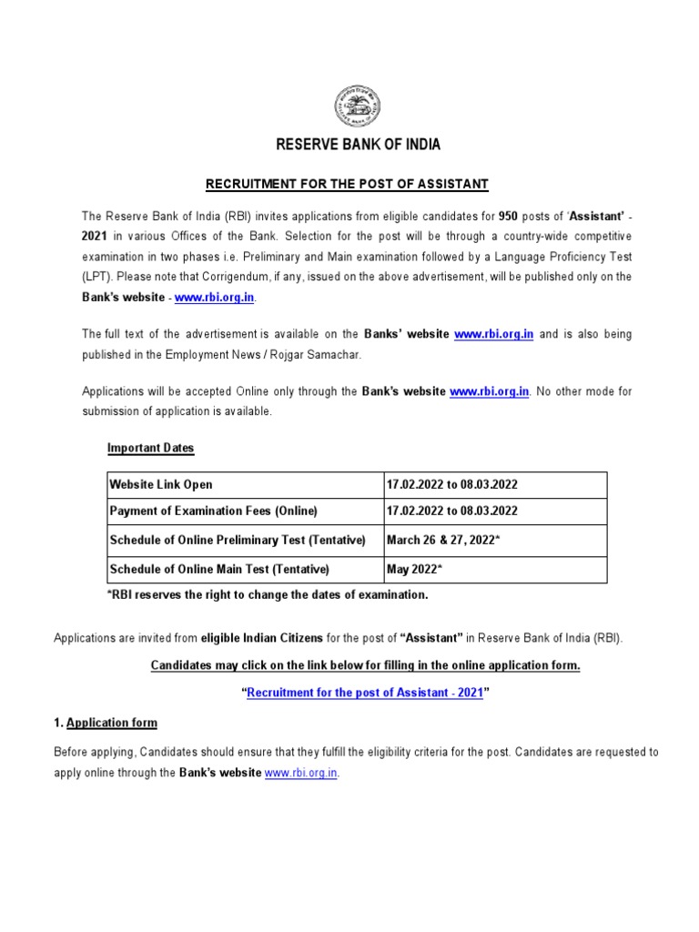 Rbi Assistant Notification | PDF | Biometrics | Visual Impairment