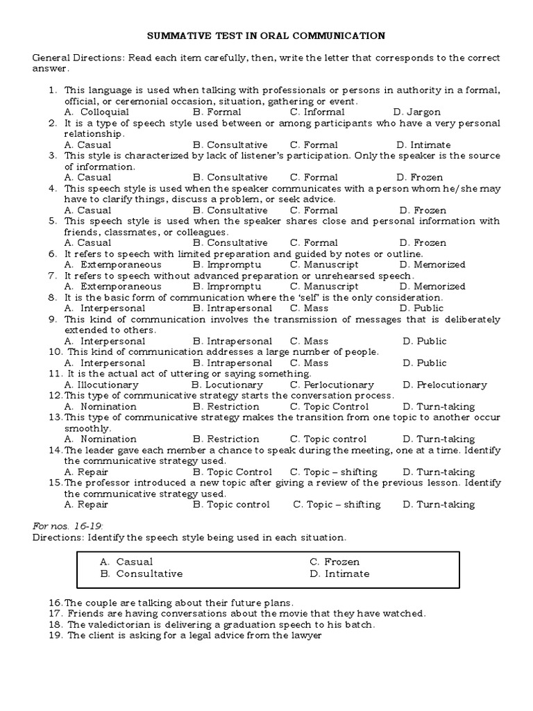 Oral Communication Summative Test | PDF | Communication | Conversation