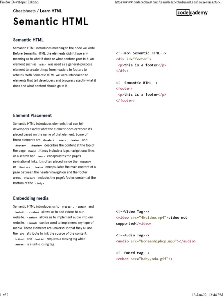 Semantic HTML Cheatsheet | PDF | Html | Software Engineering