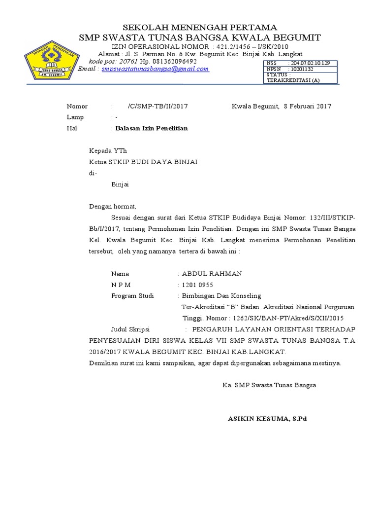 Contoh Surat Balasan Penelitian | PDF