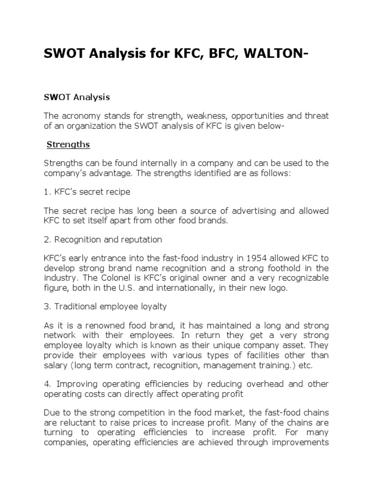 SWOT Analysis For KFC | PDF | Fast Food | Fast Food Restaurants