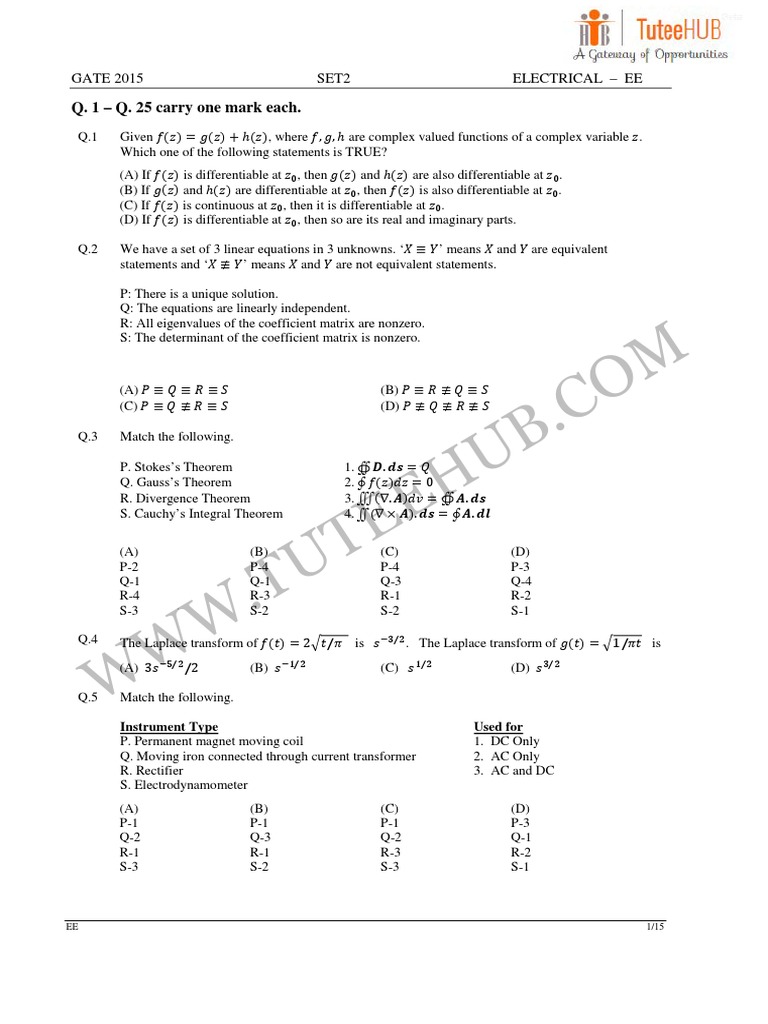 Q. 1 - Q. 25 Carry One Mark Each.: GATE 2015 Set2 Electrical - Ee | PDF | Electric Motor ...