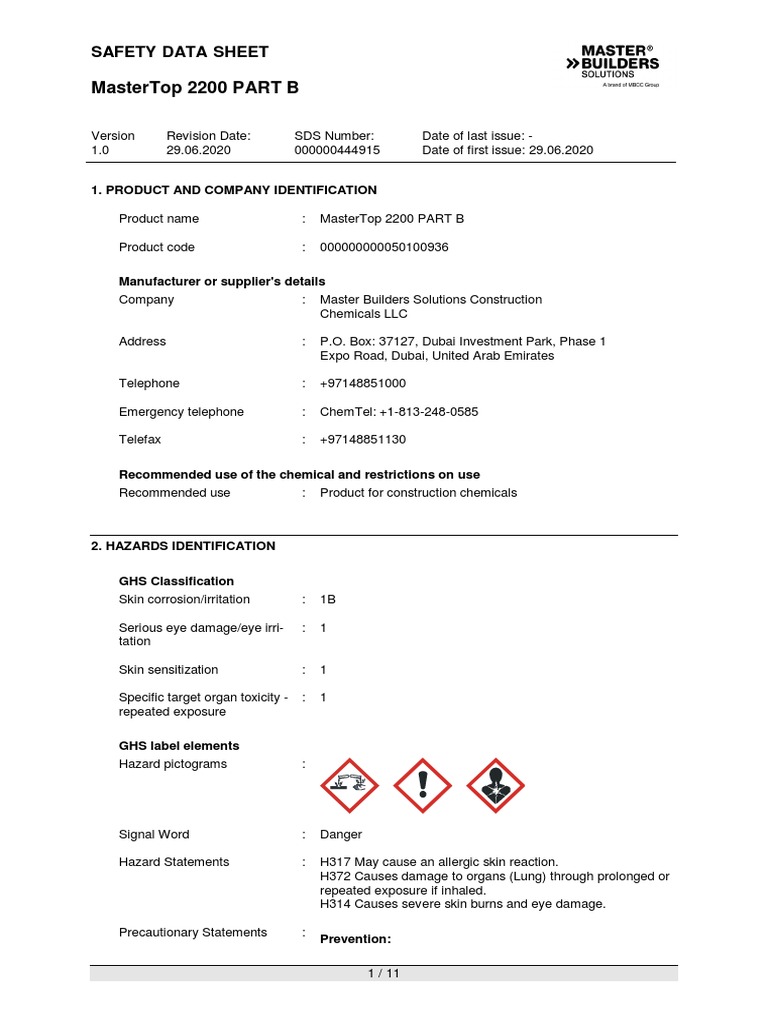 Mastertop 2200 Part B | PDF | Toxicity | Occupational Safety And Health