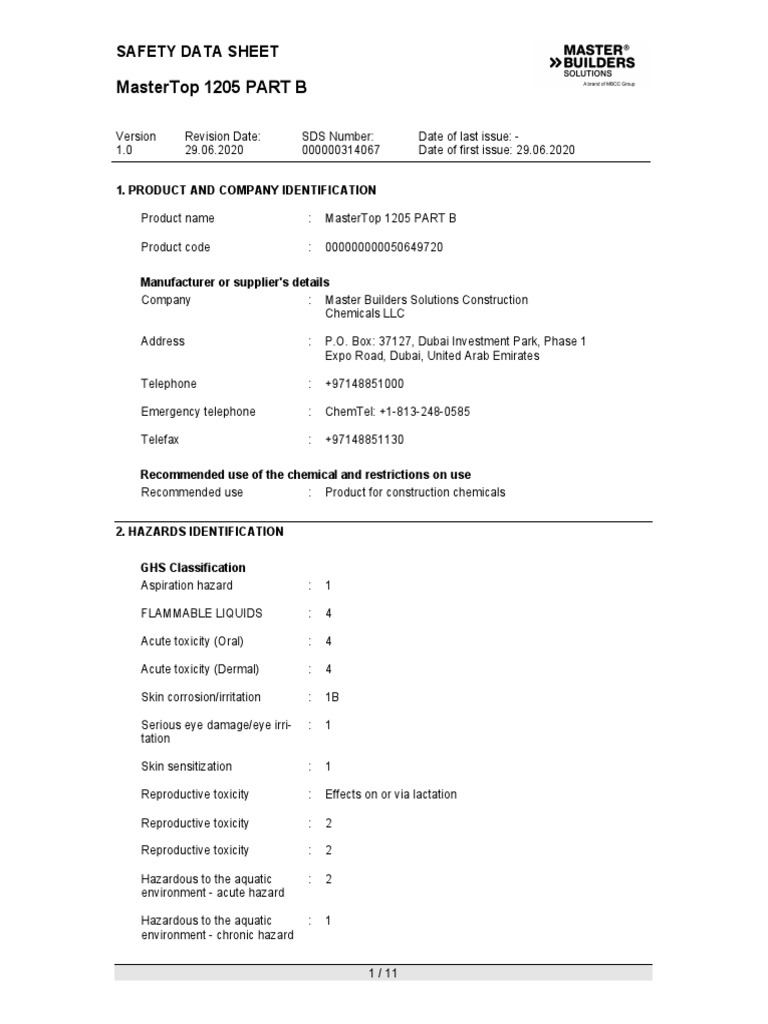 Mastertop 1205 Part B: Safety Data Sheet | PDF | Toxicity | Dangerous Goods