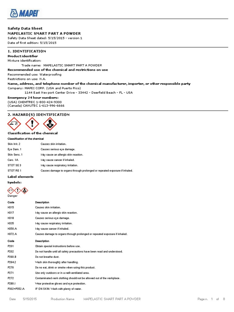 Mapelastic-Smart Part A-Powder-MSDS | PDF | Dangerous Goods | Superfund