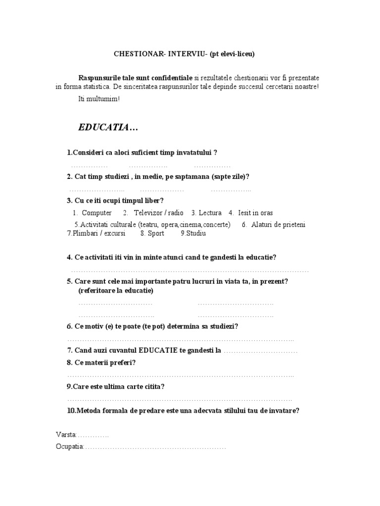 Chestionar Interviu (PT Elevi Liceu) | PDF