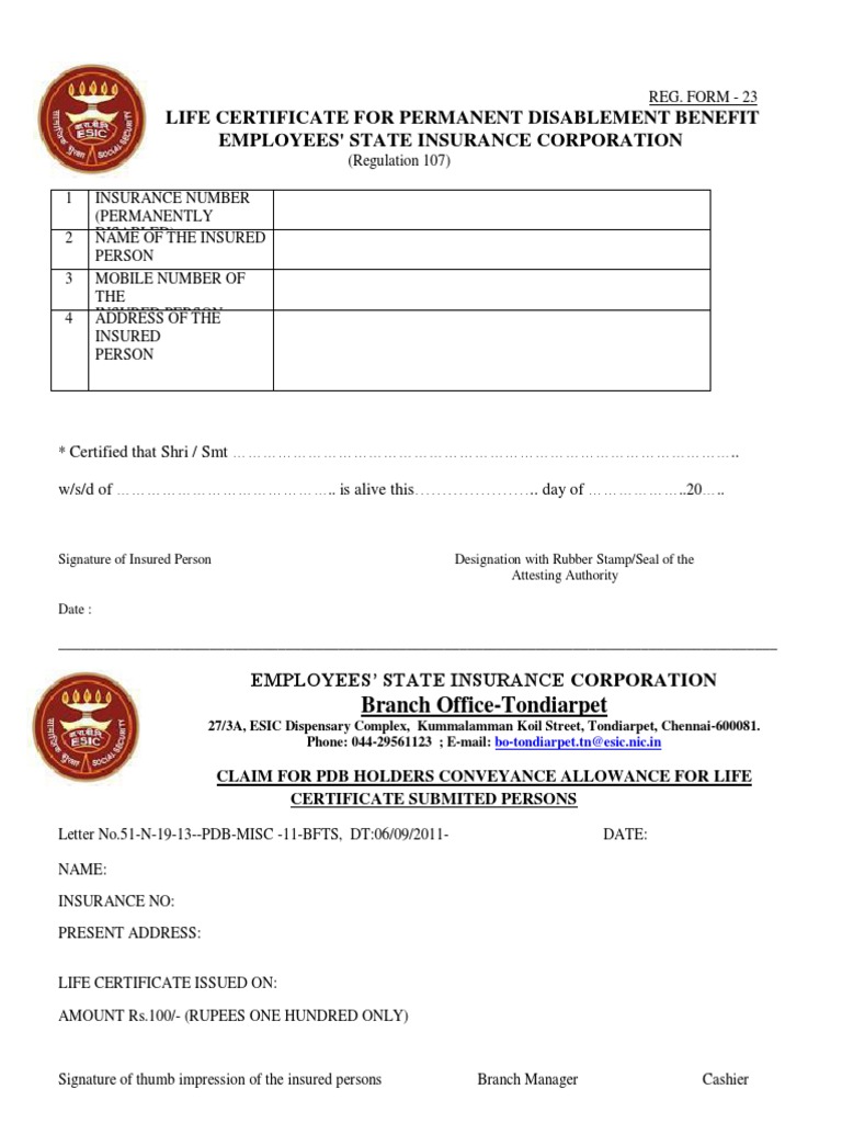 ESIC Life Certificate for PDB Holders | PDF