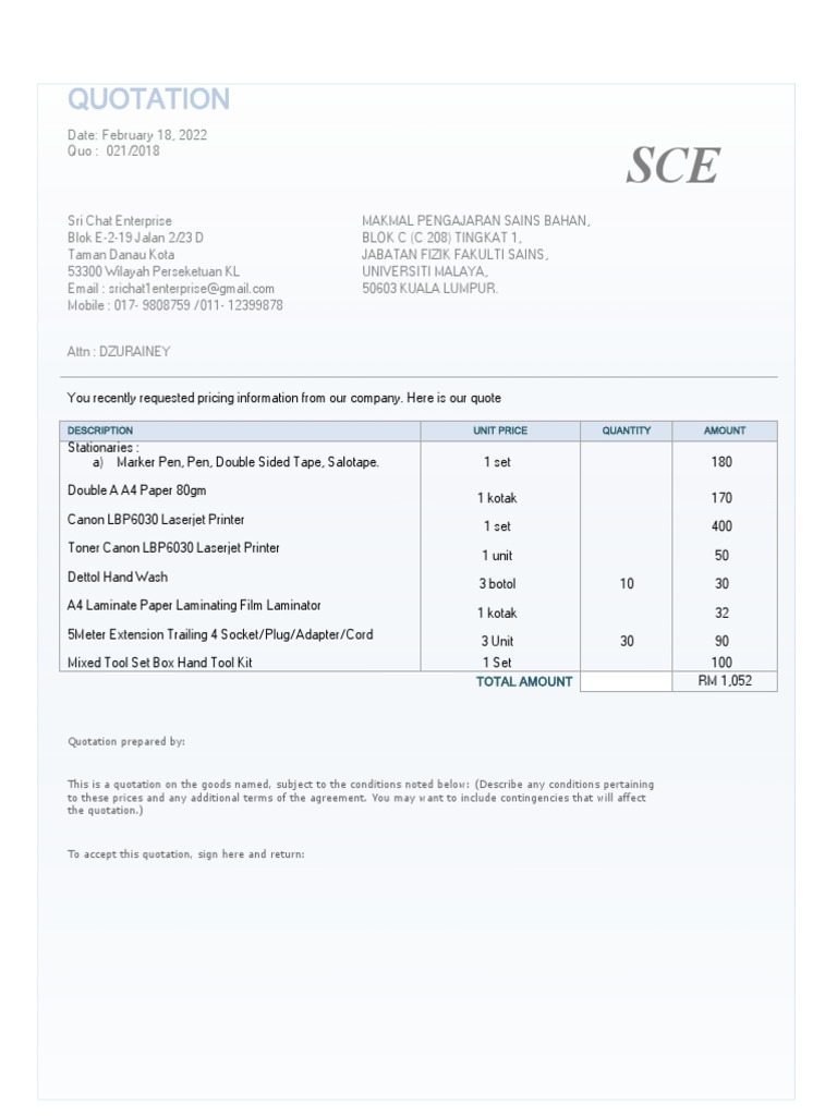 Quotation: Description Unit Price Quantity Amount | PDF