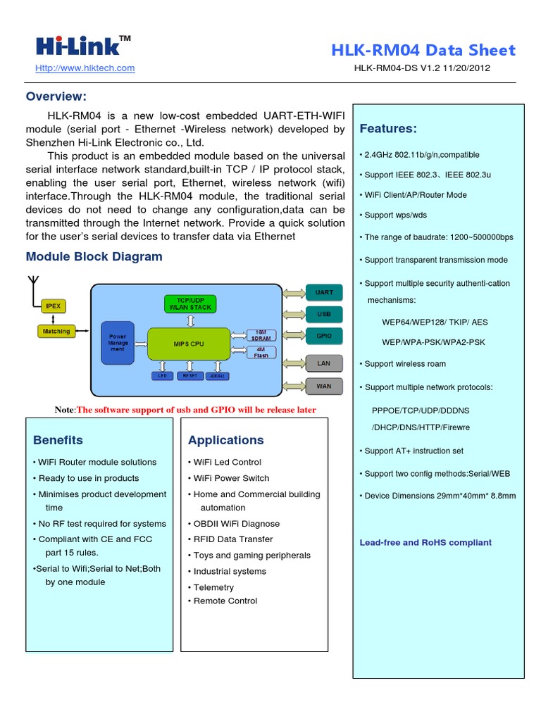 HLK-RM04 Data Sheet: Overview | PDF | Wi Fi | Computer Network