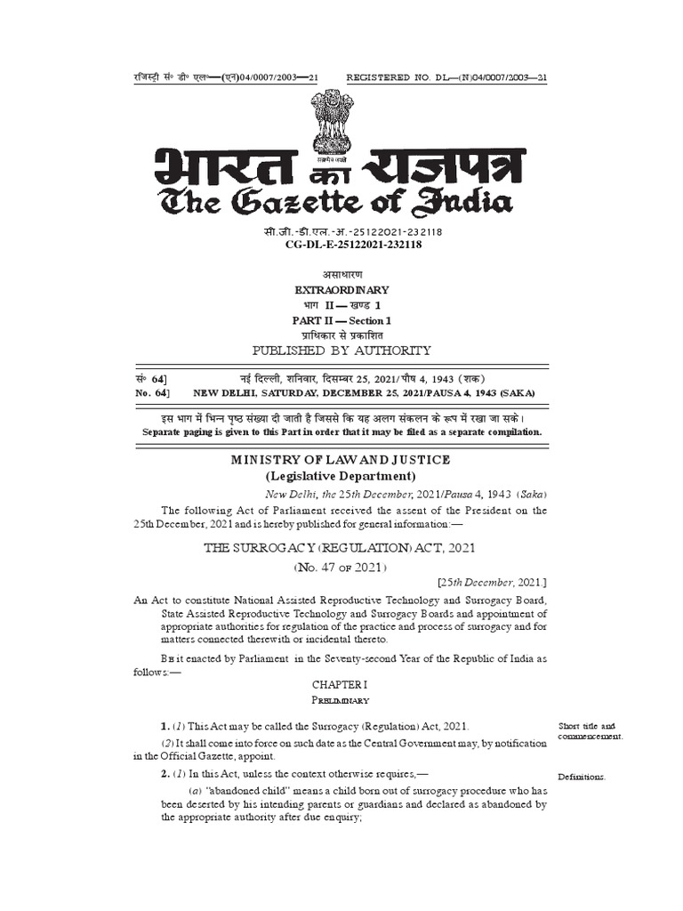 The Surrogacy (Regulation) Act, 2021 | PDF | Surrogacy | Mother