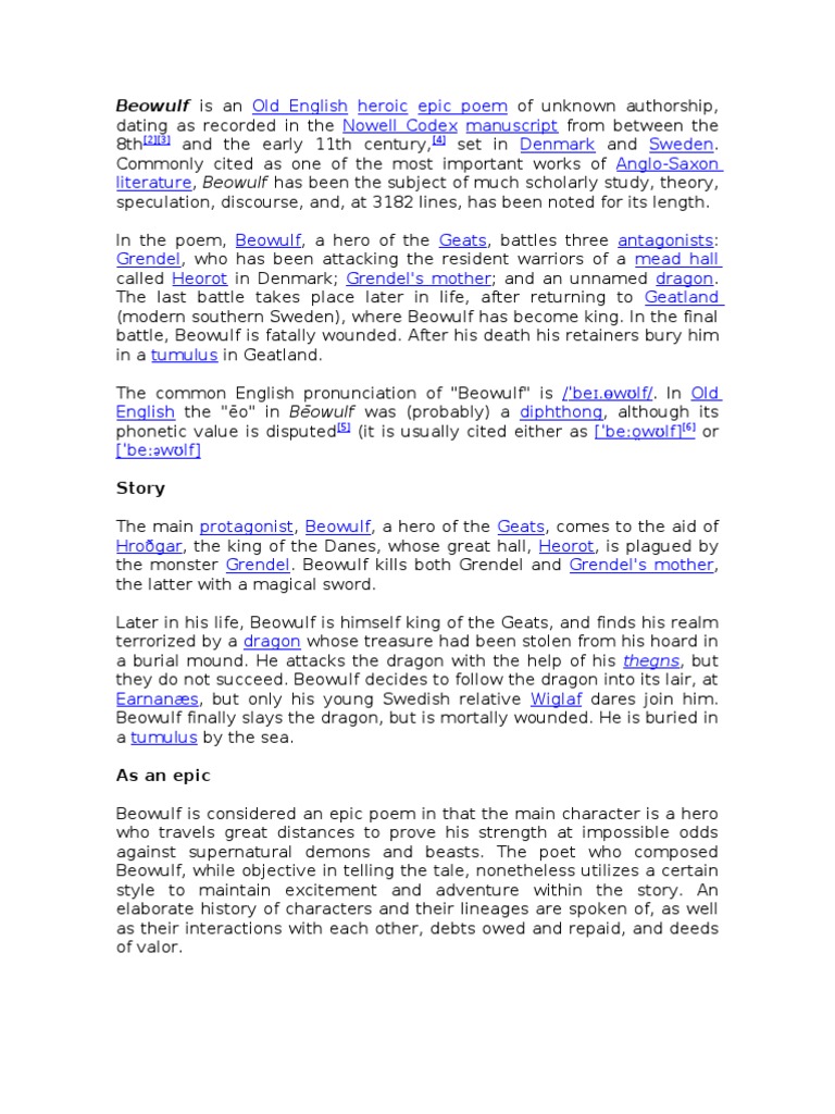 Beowulf Epic Poem Summary | PDF | Beowulf | Scandinavian Folklore