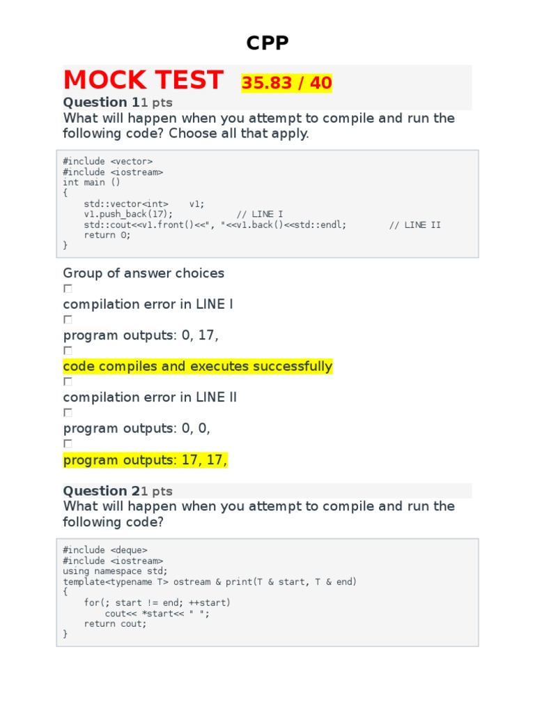 CPP Mock Test and Final Test | PDF | Namespace | Software Development