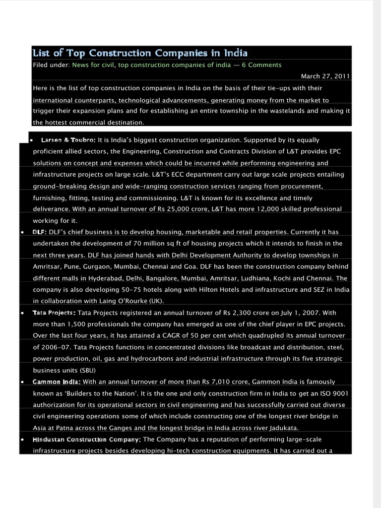 Fdocuments - in List of Top Construction Companies in | PDF