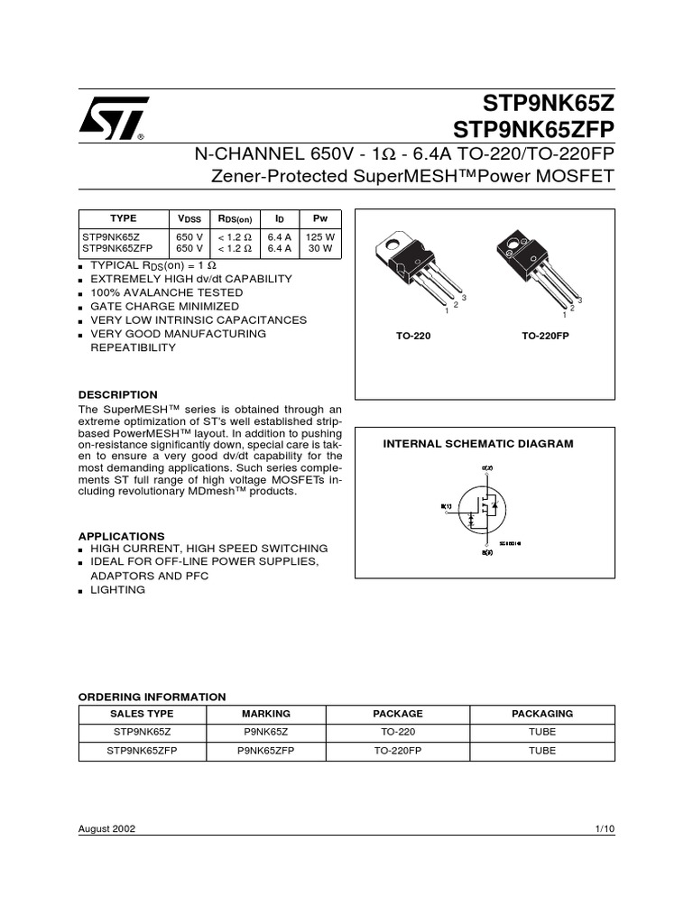 Stp9Nk65Z Stp9Nk65Zfp: N-Channel 650V - 1 - 6.4A To-220/To-220Fp Zener ...