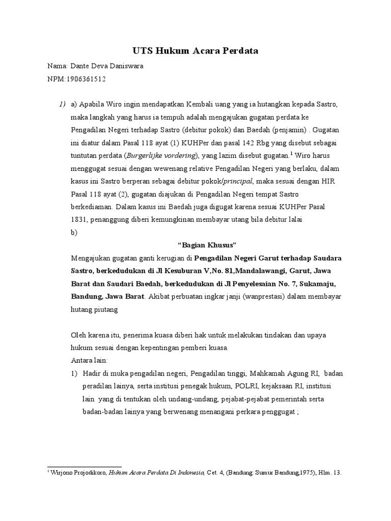 Jawaban UTS Hukum Acara Perdata - Reguler - C - Dante Deva Daniswara-1906361512 | PDF