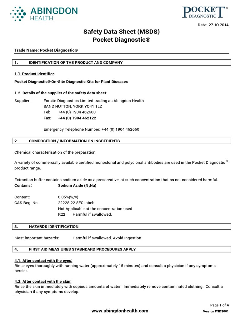 Safety Data Sheet (MSDS) Pocket Diagnostic® | PDF | Water | Materials