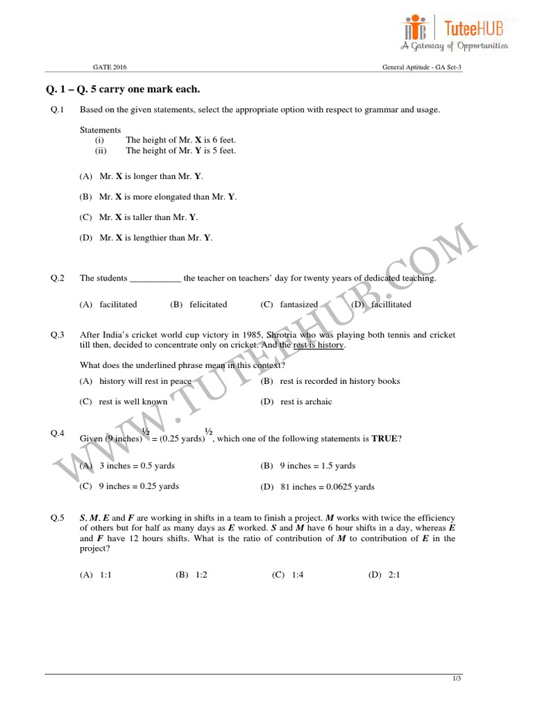 Gate Me Mechanical Engineering Me03 Question Paper 2016 459 | PDF ...