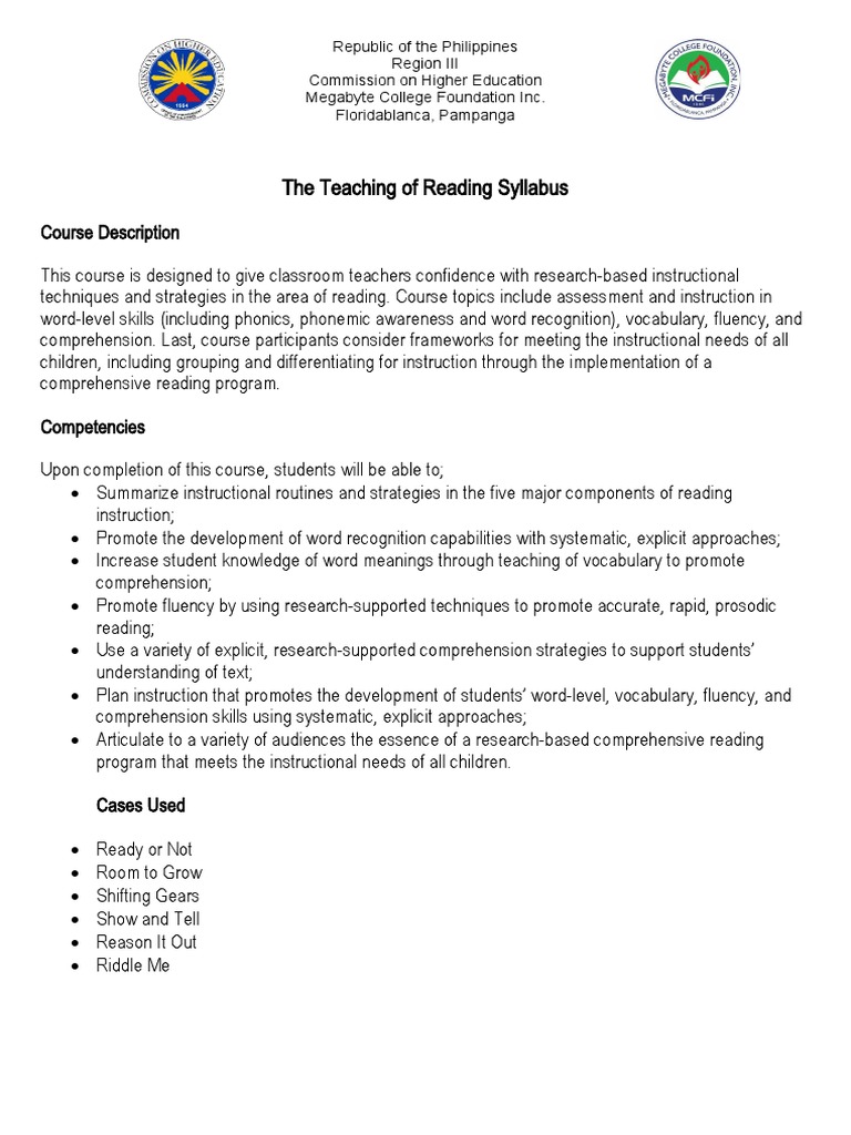 The Teaching of Reading Syllabus | PDF | Phonics | Reading Comprehension