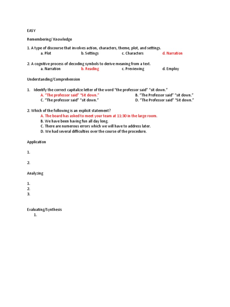 Reading and Writing Pre Test | PDF
