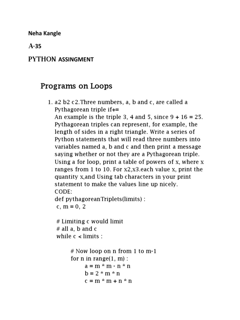 Programs On Loops: A-35 Python Assingment | PDF | Control Flow | Matrix ...