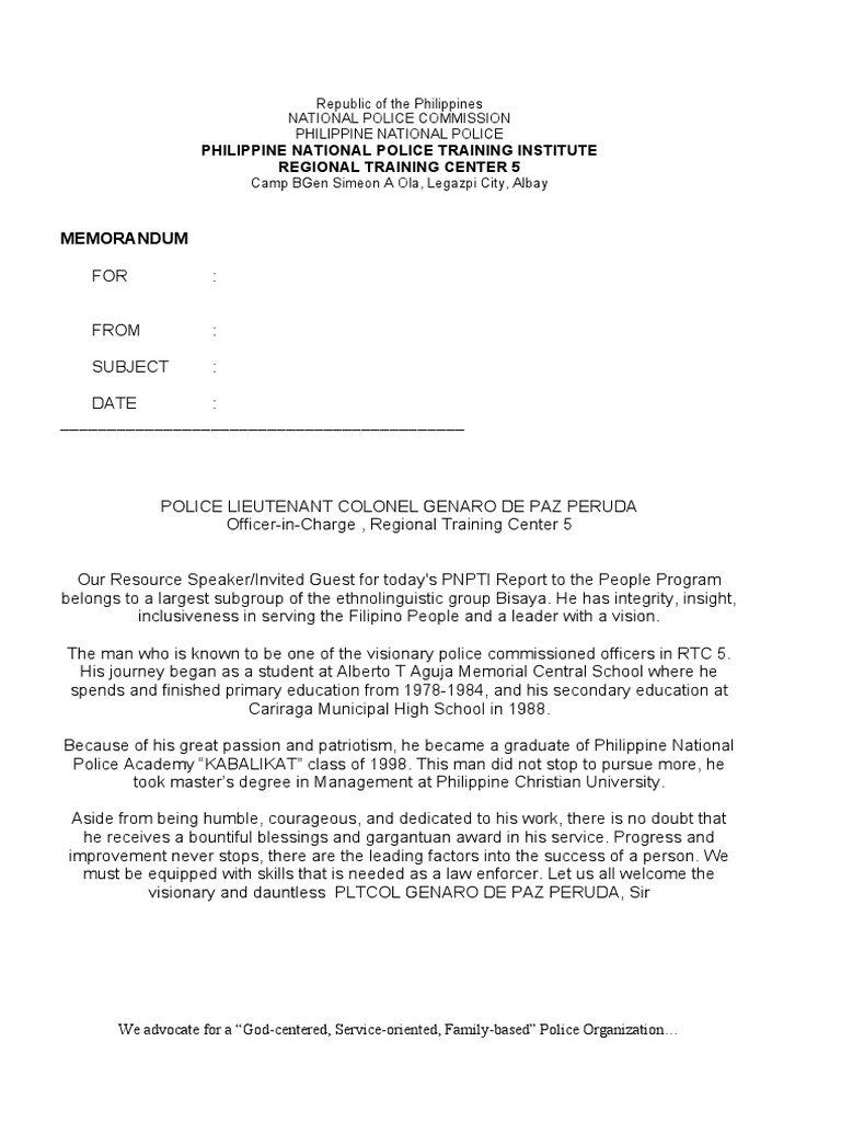 Memorandum: Philippine National Police Training Institute Regional ...