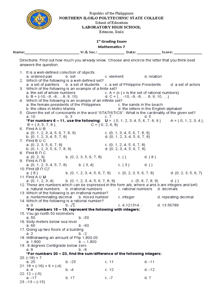 Grade 7 Multiple 1st Grading | PDF | Set (Mathematics) | Numbers