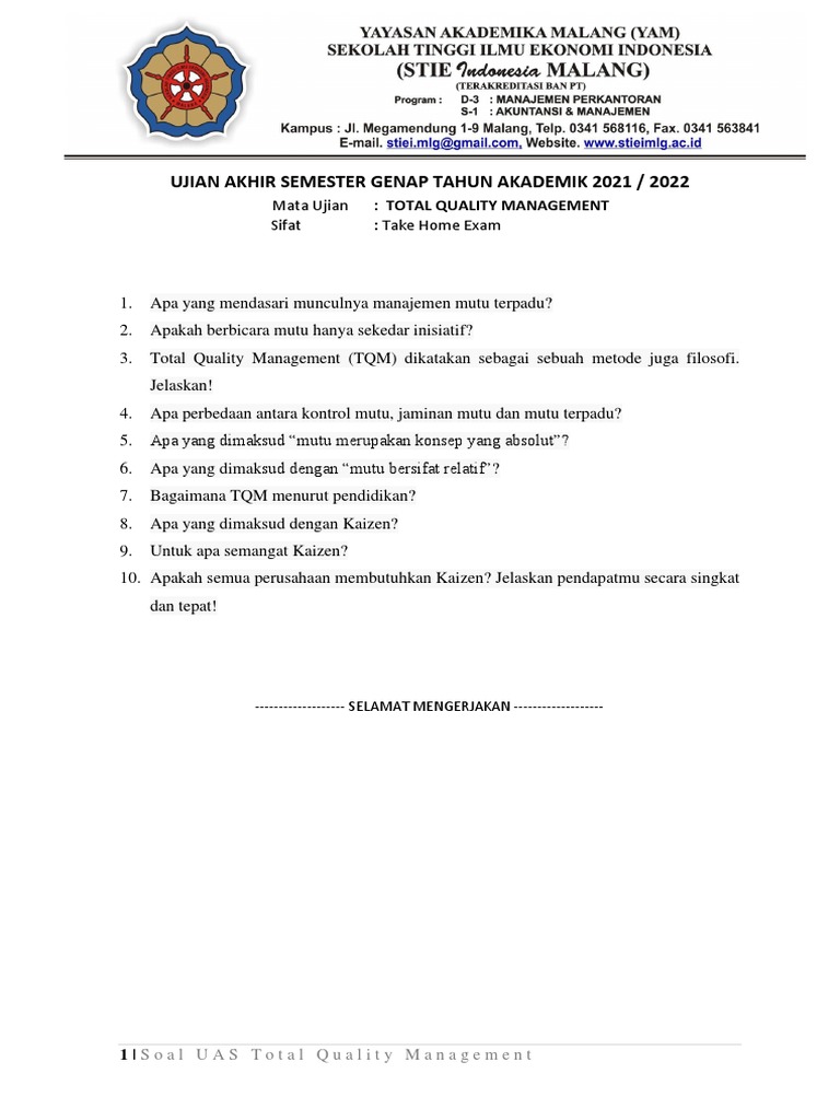 Soal UAS Total Quality Management | PDF