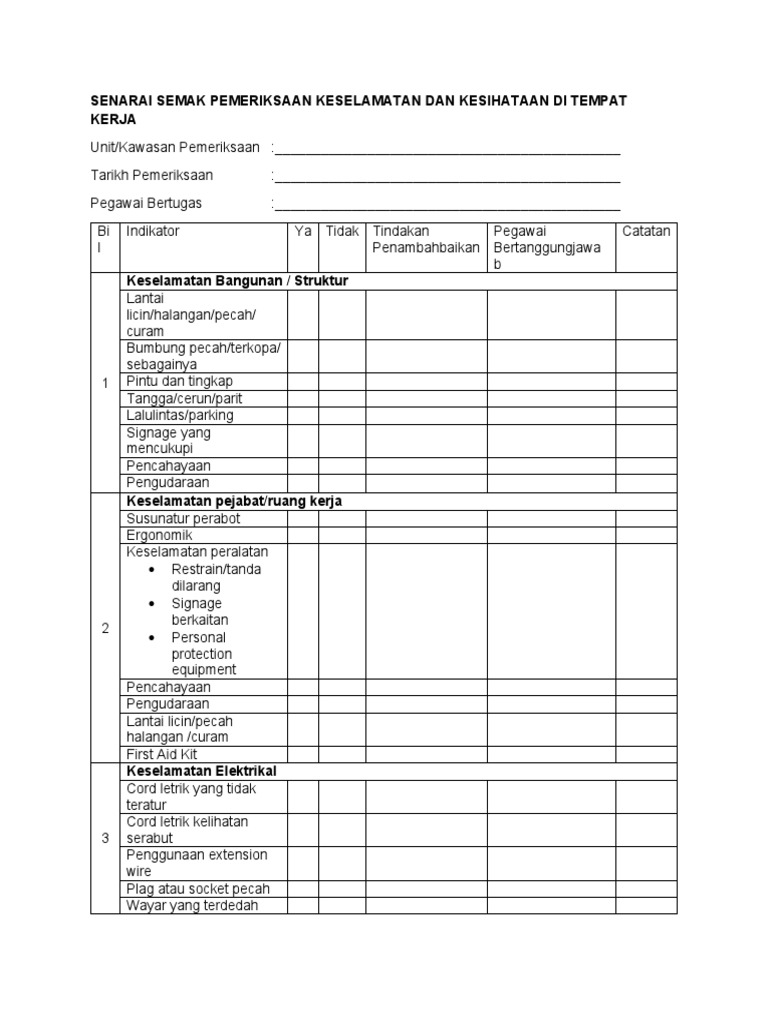 Senarai Semak Pemeriksaan Keselamatan Dan Kesihatan | PDF